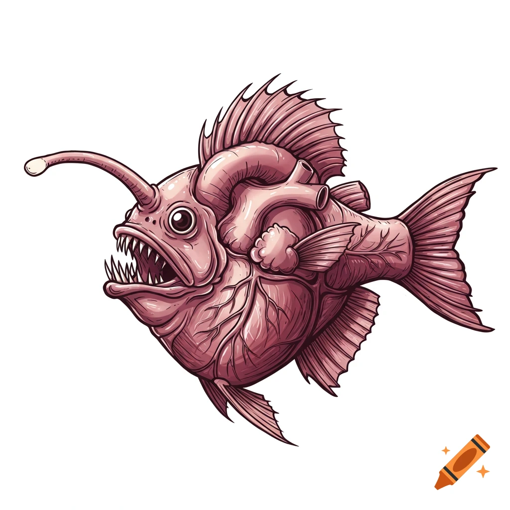 A stylized drawing of an angler fish with a human heart for a body, in ...