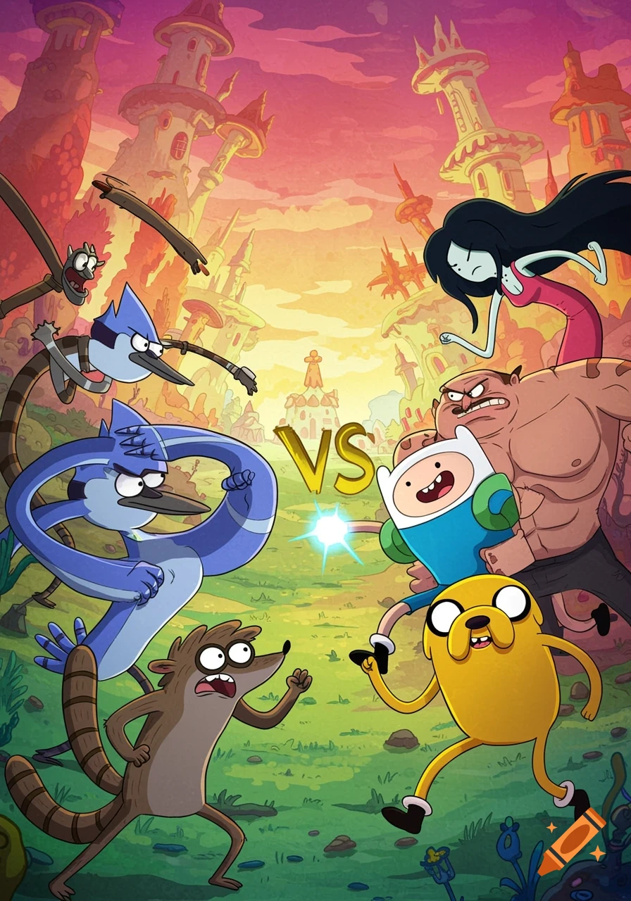 Characters from Regular Show and Adventure Time face off in a cartoon ...