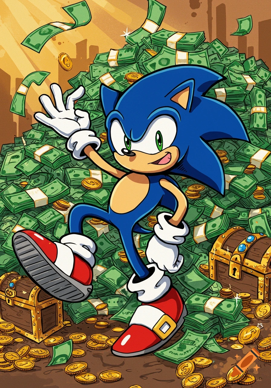 Sonic the Hedgehog standing on a huge pile of money and coins in a ...