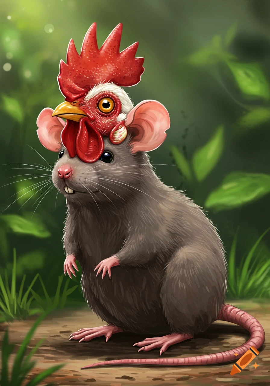 An illustration of a rat wearing a chicken head like a hat in a forest ...