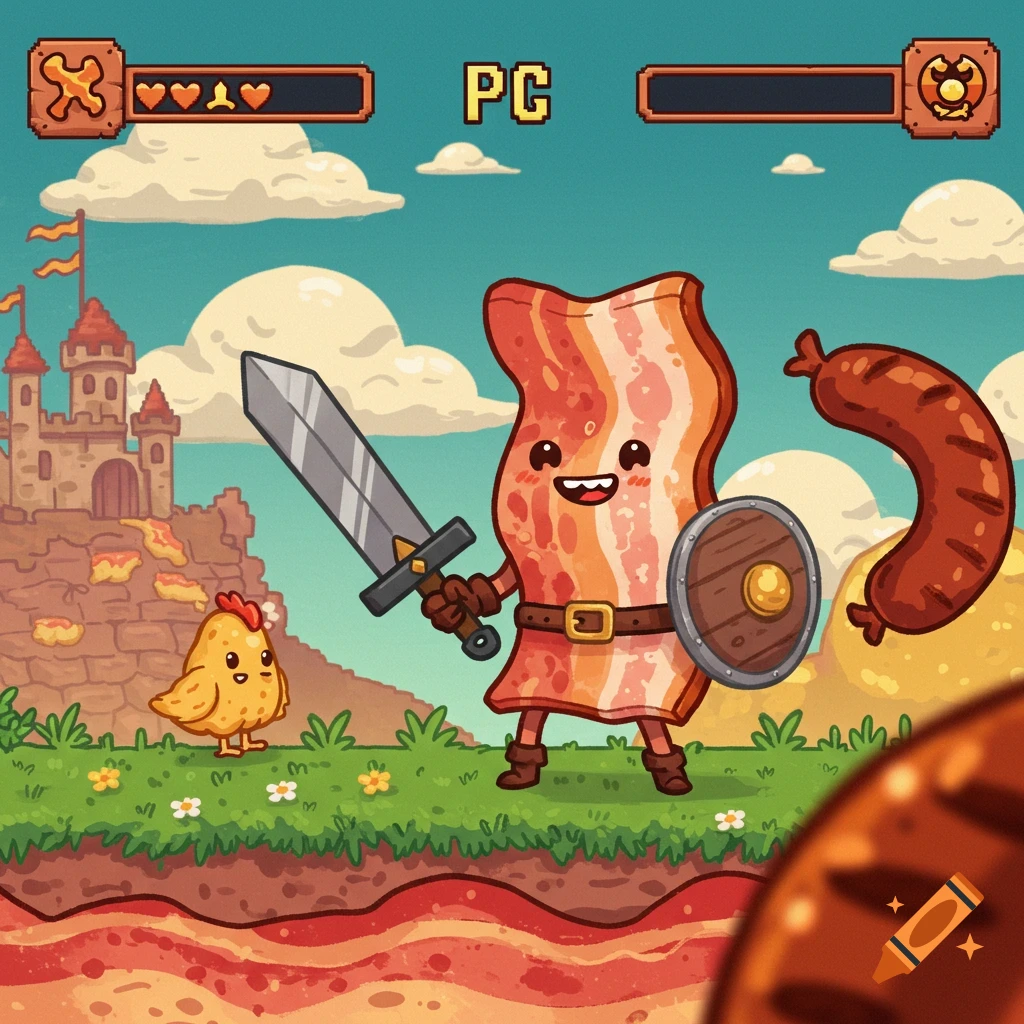 Cartoon bacon character with a sword and shield in a fantasy RPG scene ...