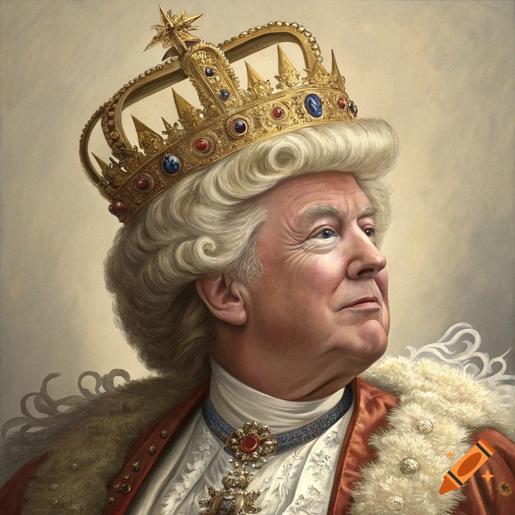 Portrait resembling Trump wearing a historical wig, gold crown, and ...