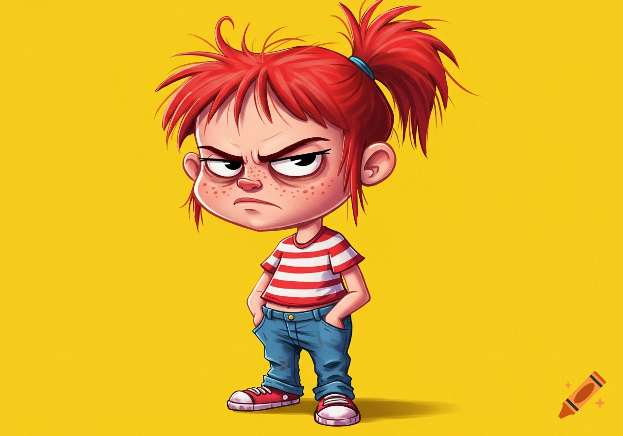 A cartoon illustration of a grumpy girl with red hair in a ponytail ...