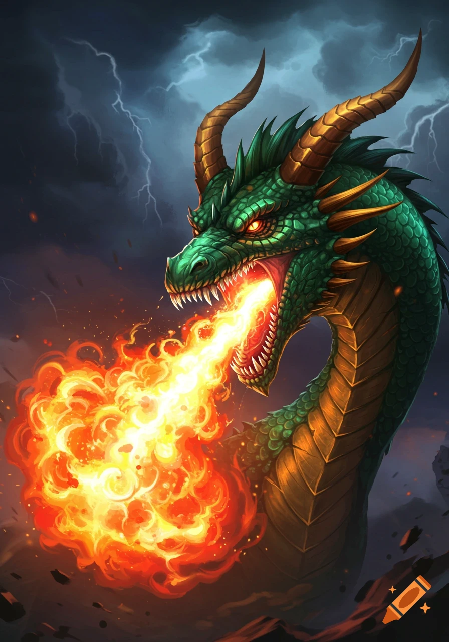 A green and gold dragon breathing fire against a stormy, lightning-filled sky. on Craiyon