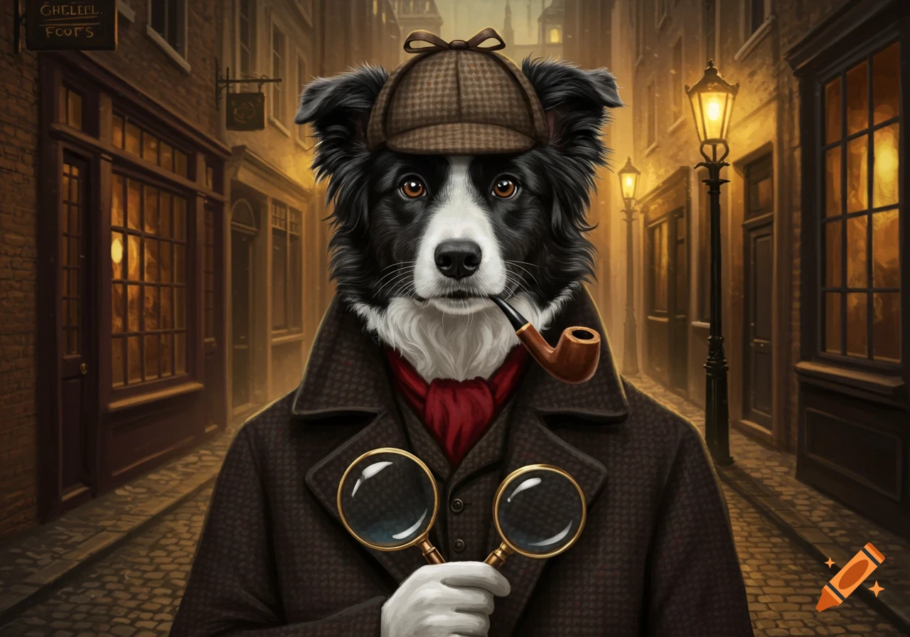 A border collie dressed as Sherlock Holmes stands on a foggy Victorian ...