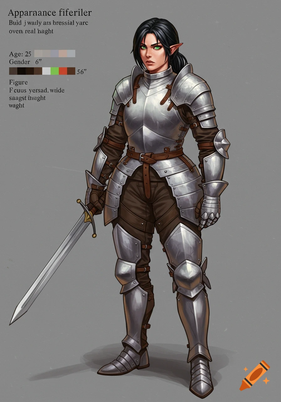 A female fantasy character with elf ears and green eyes, wearing ...