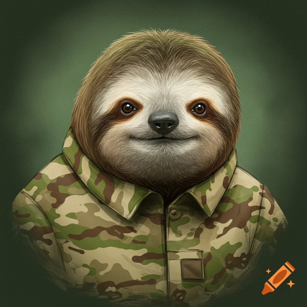 Illustration of a sloth wearing a camouflage military jacket. on Craiyon