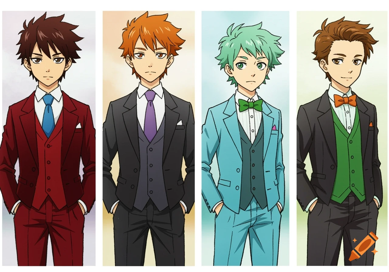 Four anime men in different colored tuxedos and suits. on Craiyon