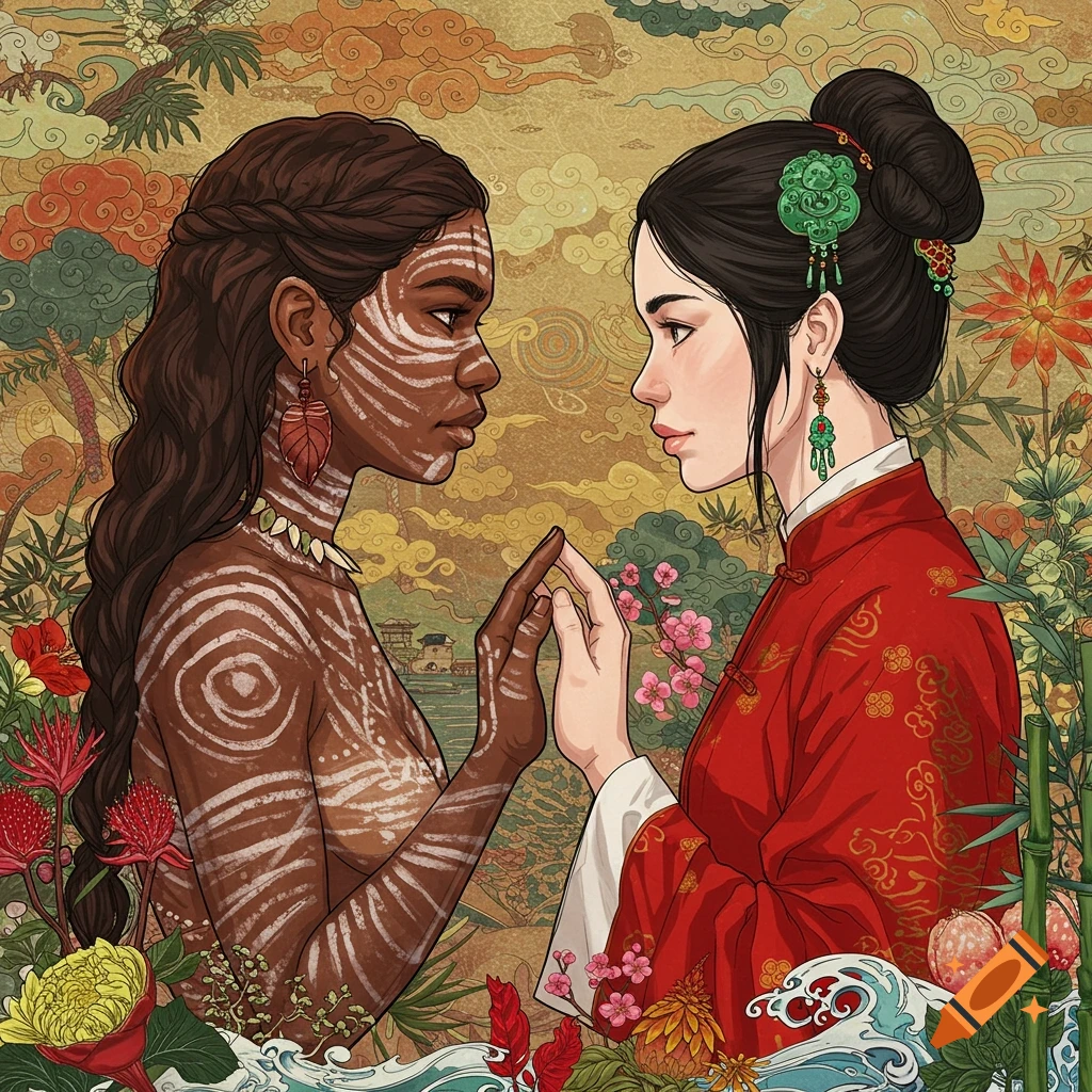 Stylized portrait of an Aboriginal woman and a Chinese woman touching ...