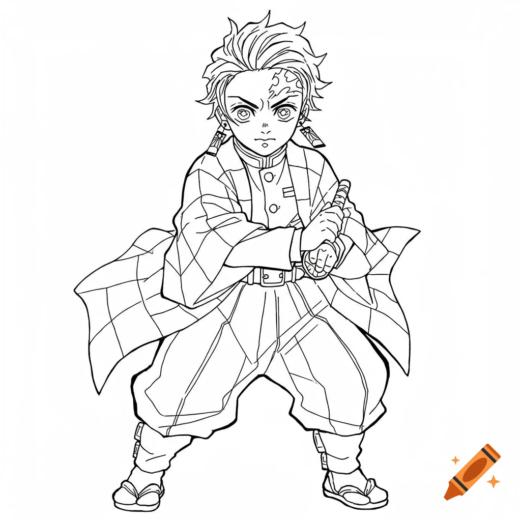 Outline drawing of Tanjiro from Demon Slayer holding a sword on Craiyon