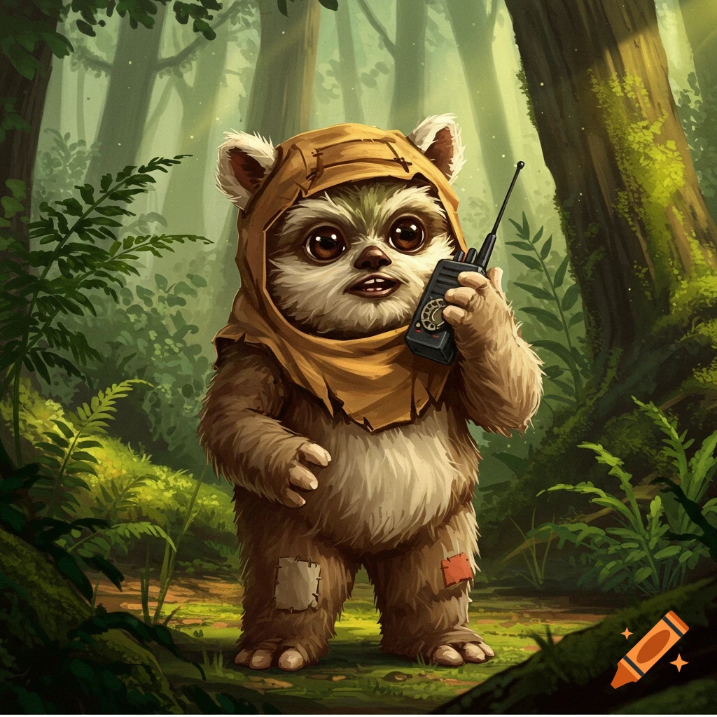 An Ewok holding a walkie-talkie stands in a forest clearing in a ...