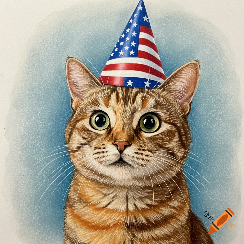 Color pencil drawing of a cat wearing an American flag party hat. on ...