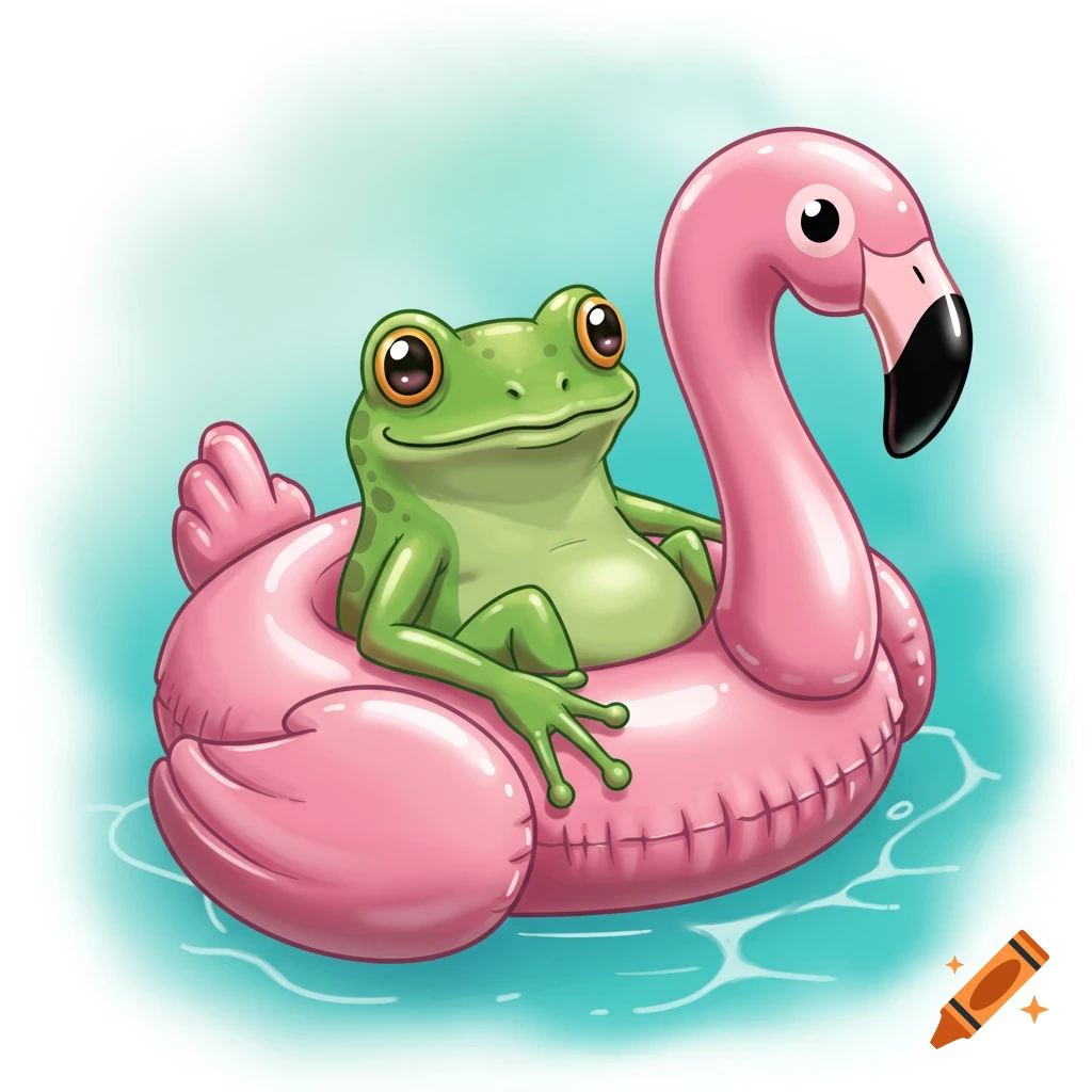 Cartoon frog in a pink flamingo float on water. on Craiyon