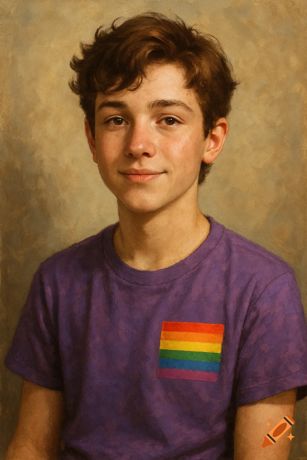 Portrait painting of a young man wearing a purple shirt with a rainbow ...