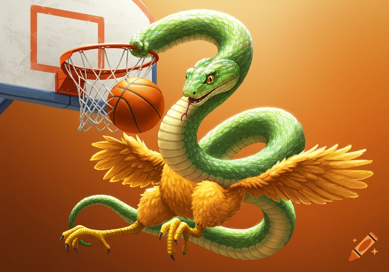 A green snake with chicken legs and wings holds a basketball at a hoop ...