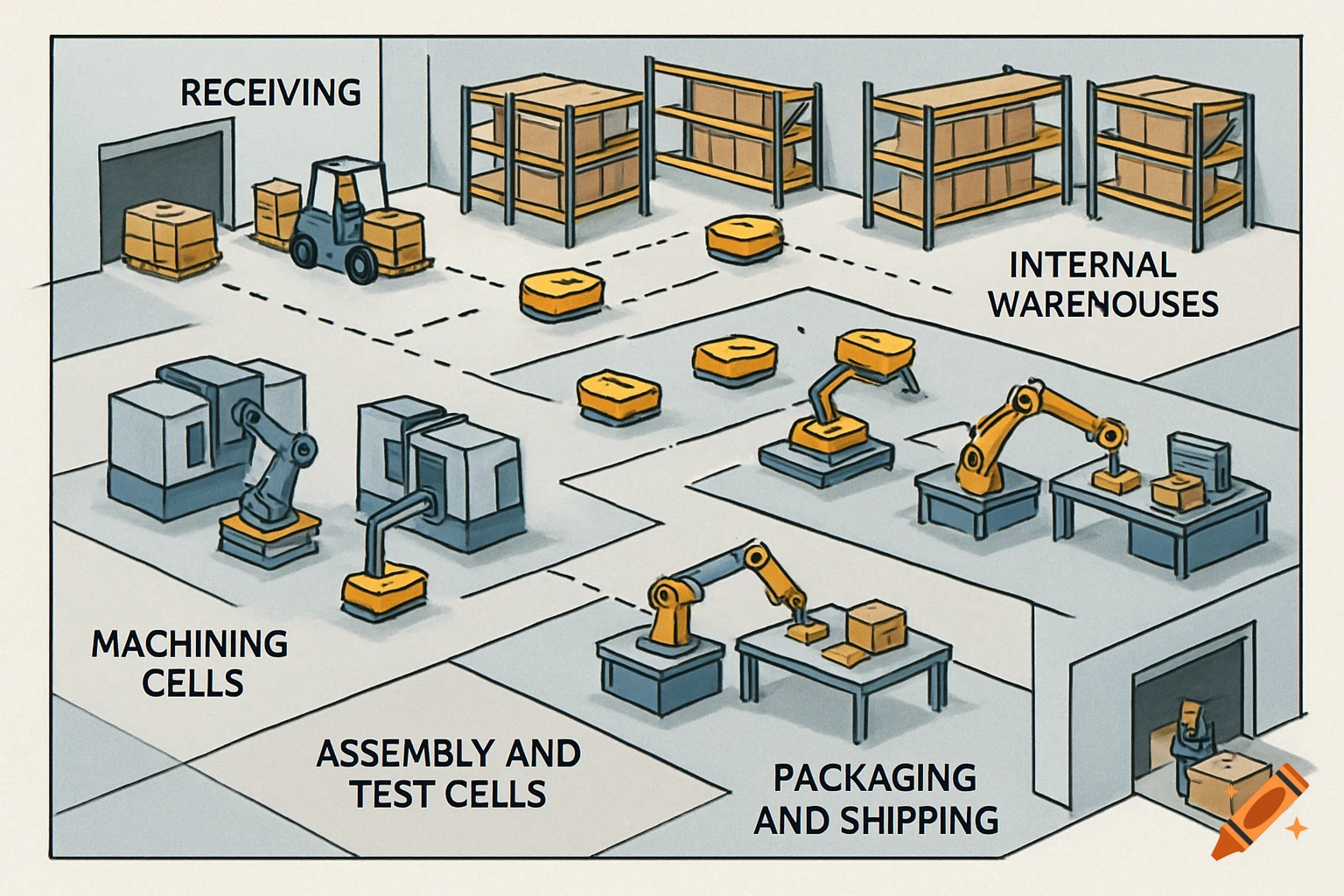 An illustration of a factory floor layout showing different areas ...