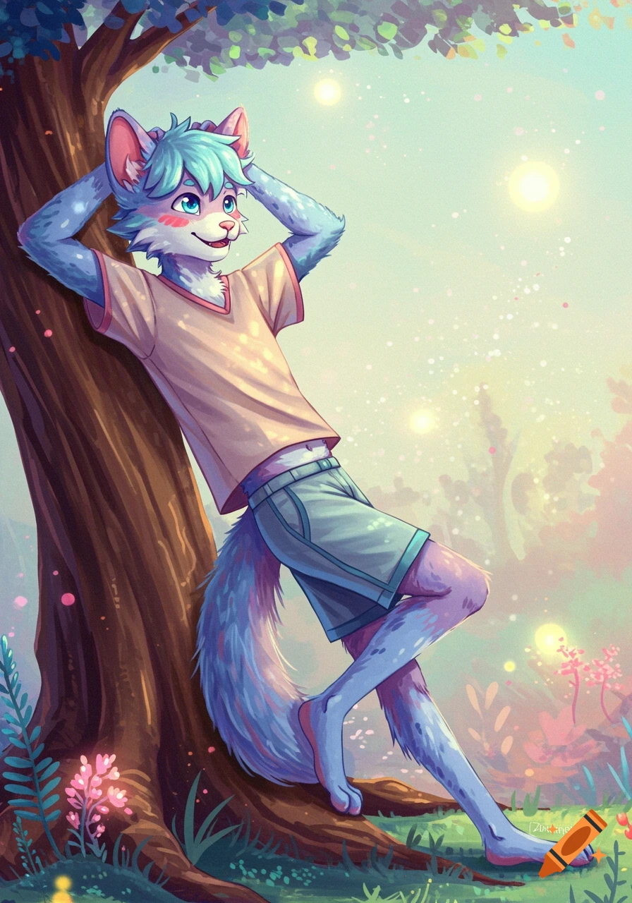 Blue furry character leaning on a tree in a sunny fantasy forest ...