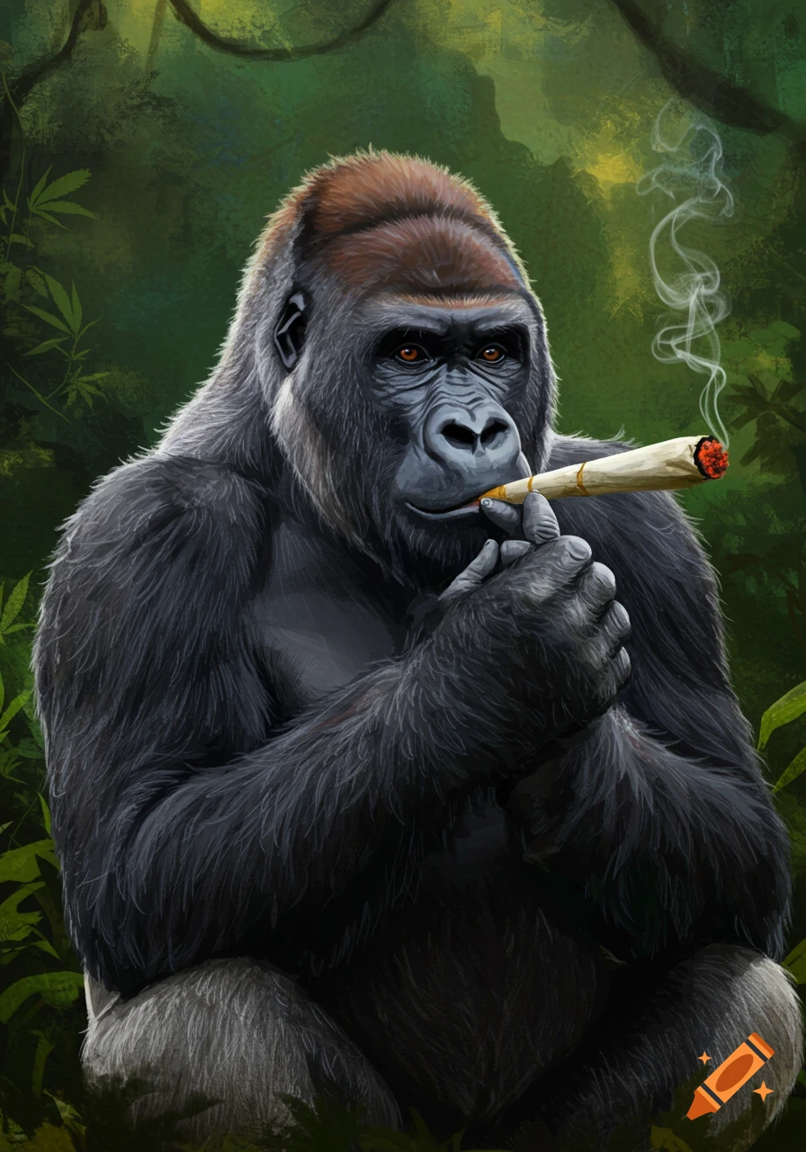 Illustration of a gorilla smoking a cigarette in a jungle on Craiyon