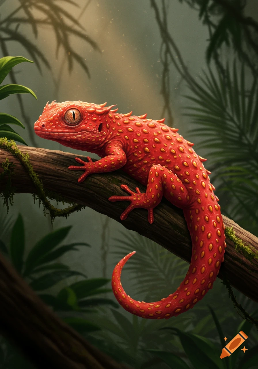 A red lizard with bumpy, strawberry-like skin sits on a mossy branch in ...
