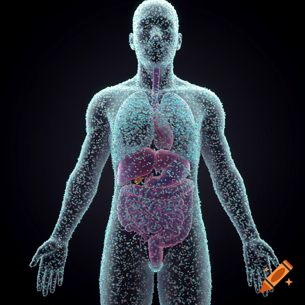 CGI rendering of a translucent human figure displaying internal organs ...