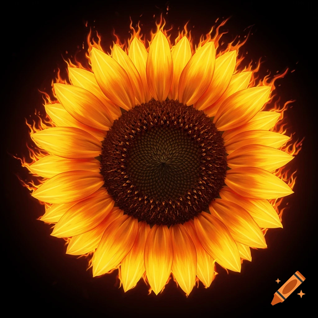 Sunflower with bright yellow petals resembling flames against a dark ...