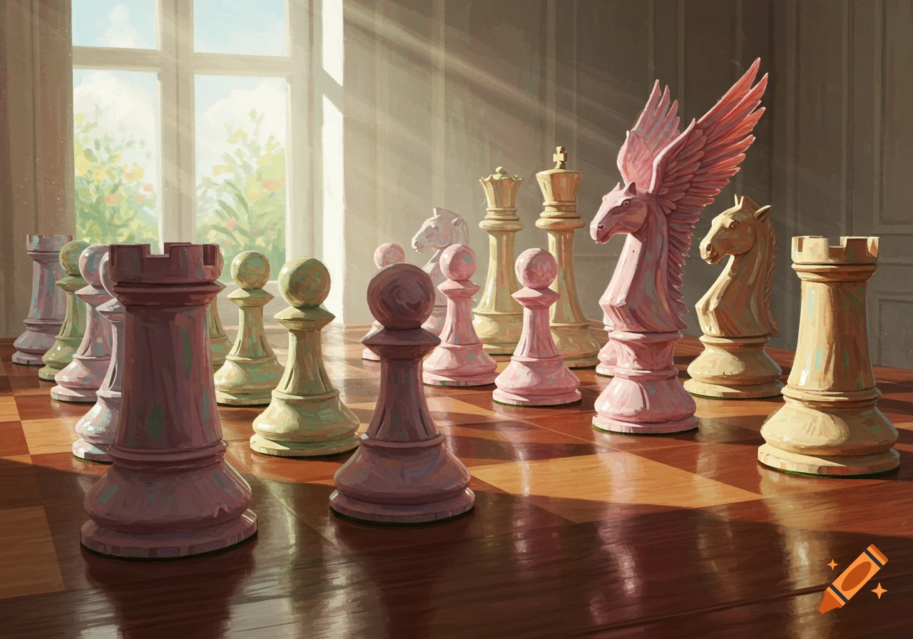 Pastel-colored chess pieces, including a winged knight, on a sunlit ...