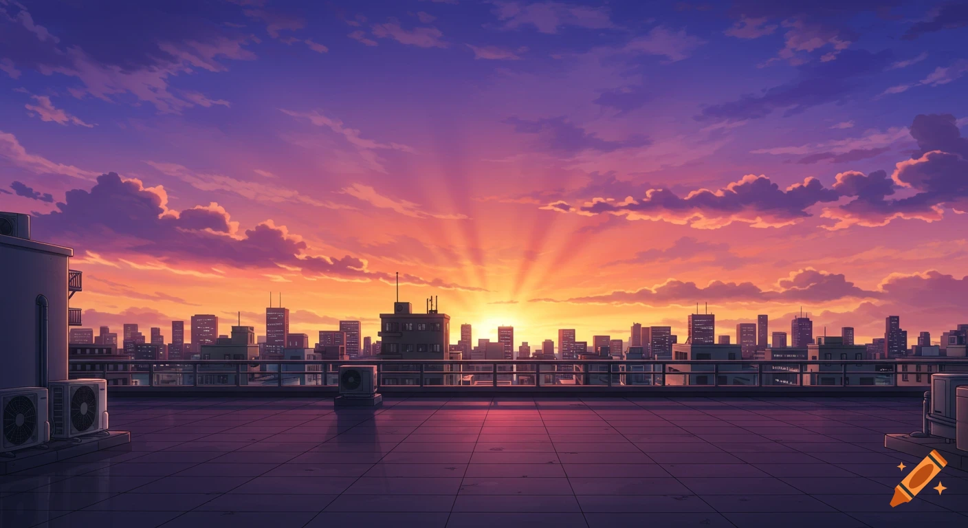 Anime rooftop view of a city skyline at sunset with vibrant sky. on Craiyon