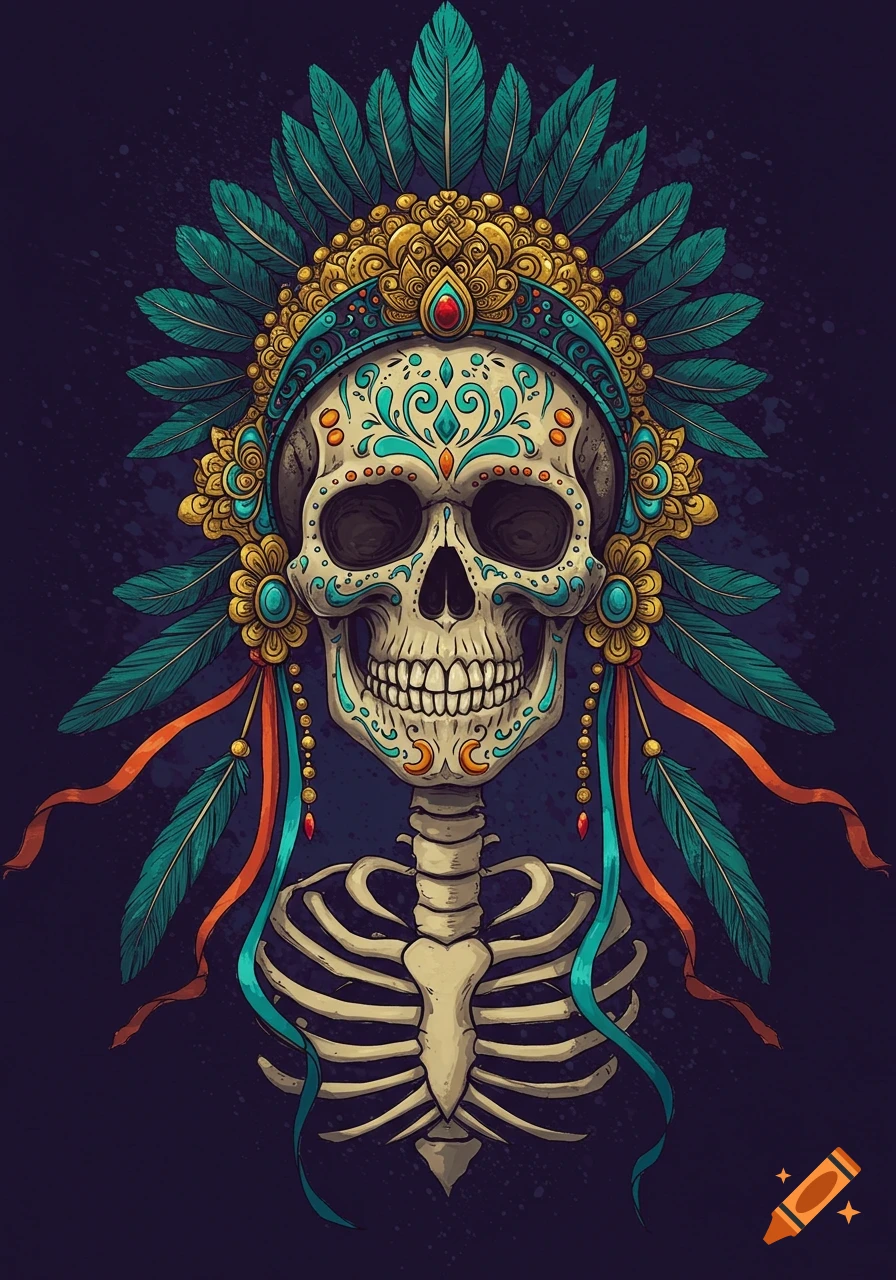 Stylized illustration of a skeleton wearing an ornate headdress with ...