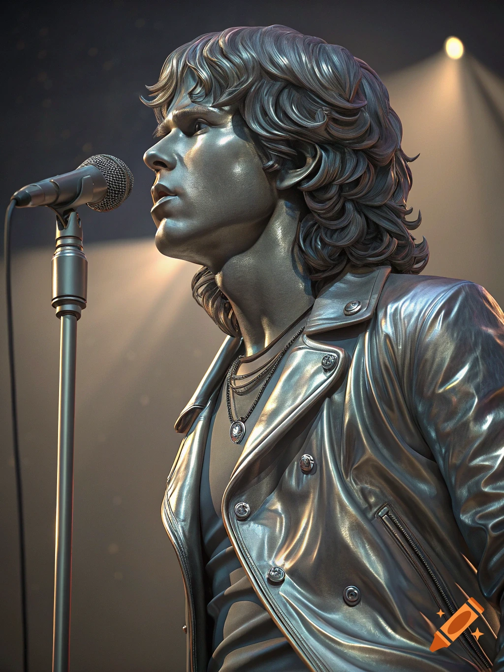 Statue of a musician resembling Jim Morrison made of metallic material, standing at a microphone ...