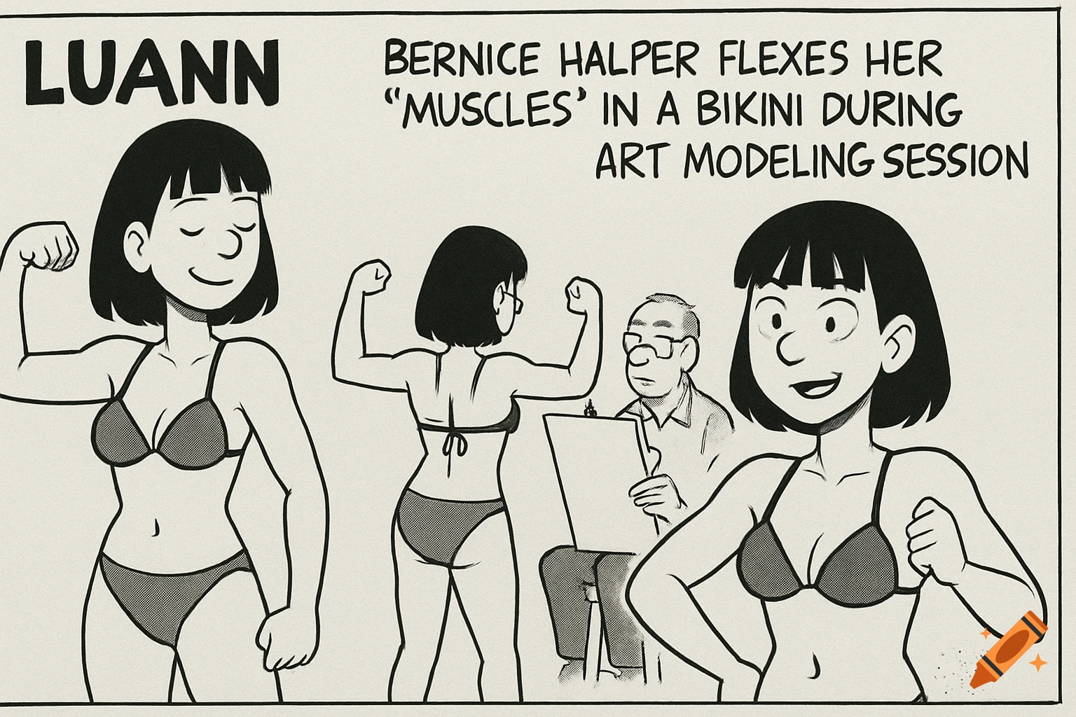 Comic panel: Bernice Halper in a bikini flexing 'muscles' during an art ...