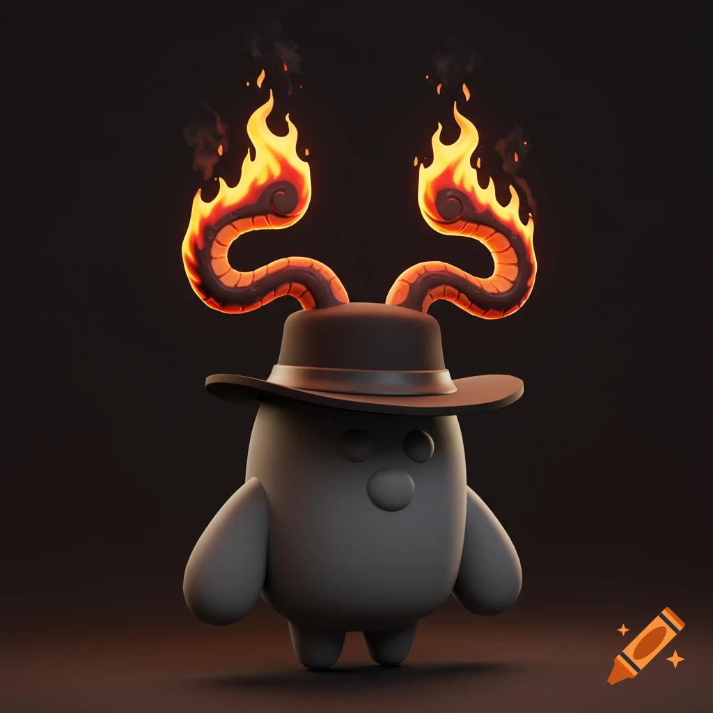 A stylized gray creature with fire serpents emerging from its hat on a ...