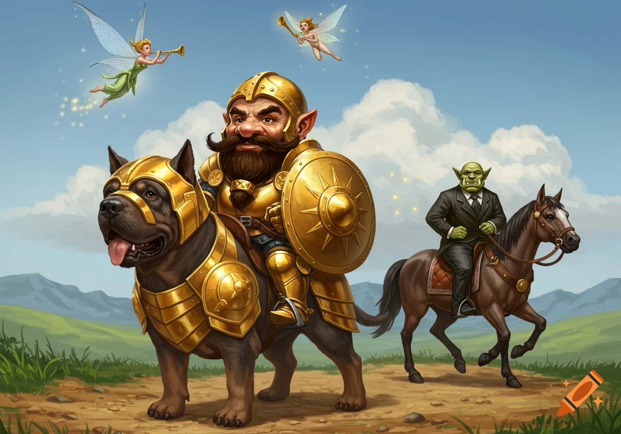 Fantasy illustration of a gnome knight in golden armor on an armored ...