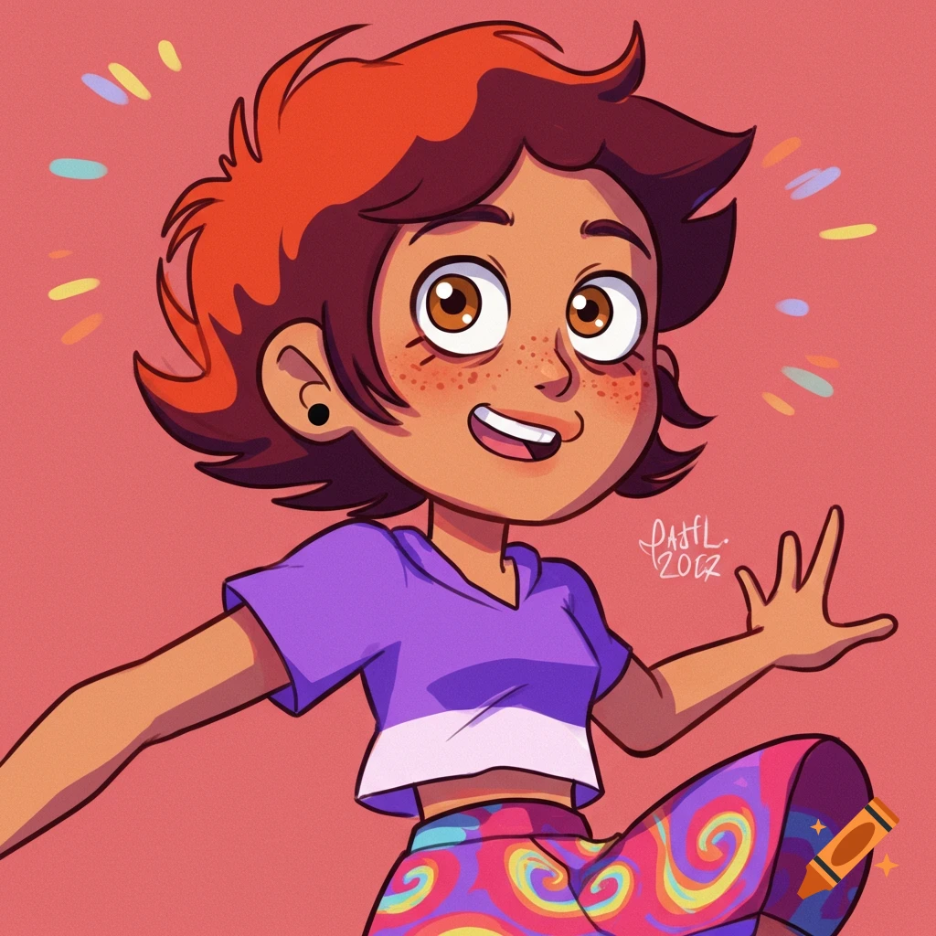 Cartoon character with reddish-brown hair, freckles, smiling and waving ...