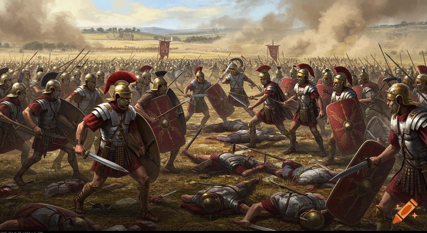 A painting depicts a large battle scene with Roman soldiers clashing on ...