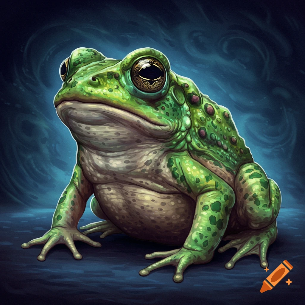 A close-up stylized illustration of a green frog. on Craiyon