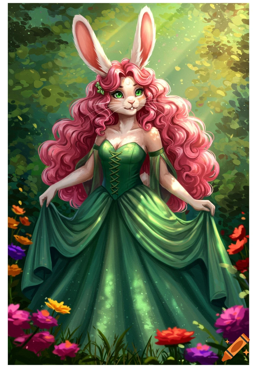 Anthropomorphic rabbit woman in a green dress in a forest clearing ...