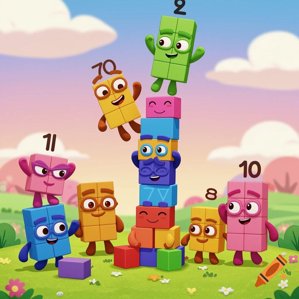 Cartoon block characters resembling numbers play outdoors, stacking ...