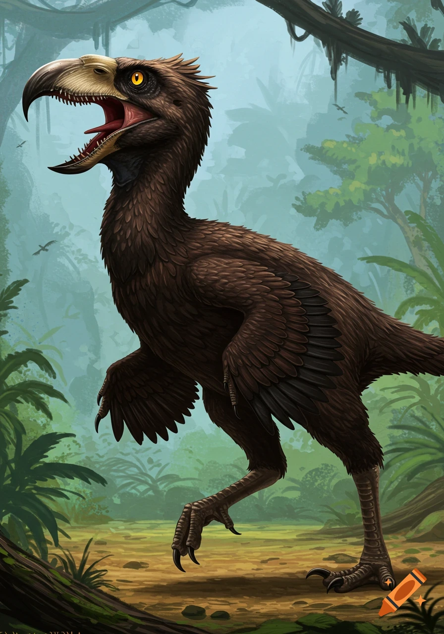 Illustration of a large terror bird with its mouth open standing in a ...