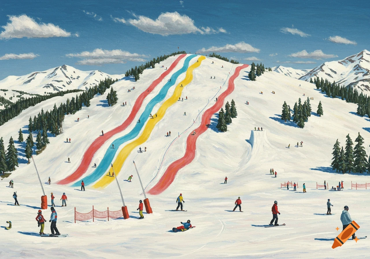 Painting of a busy mountain ski slope with colorful runs, skiers, and ...