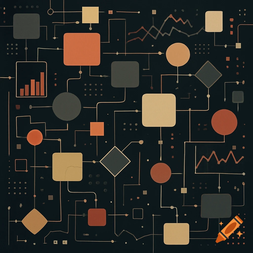 Abstract digital pattern resembling a flowchart or network diagram with various shapes and lines ...