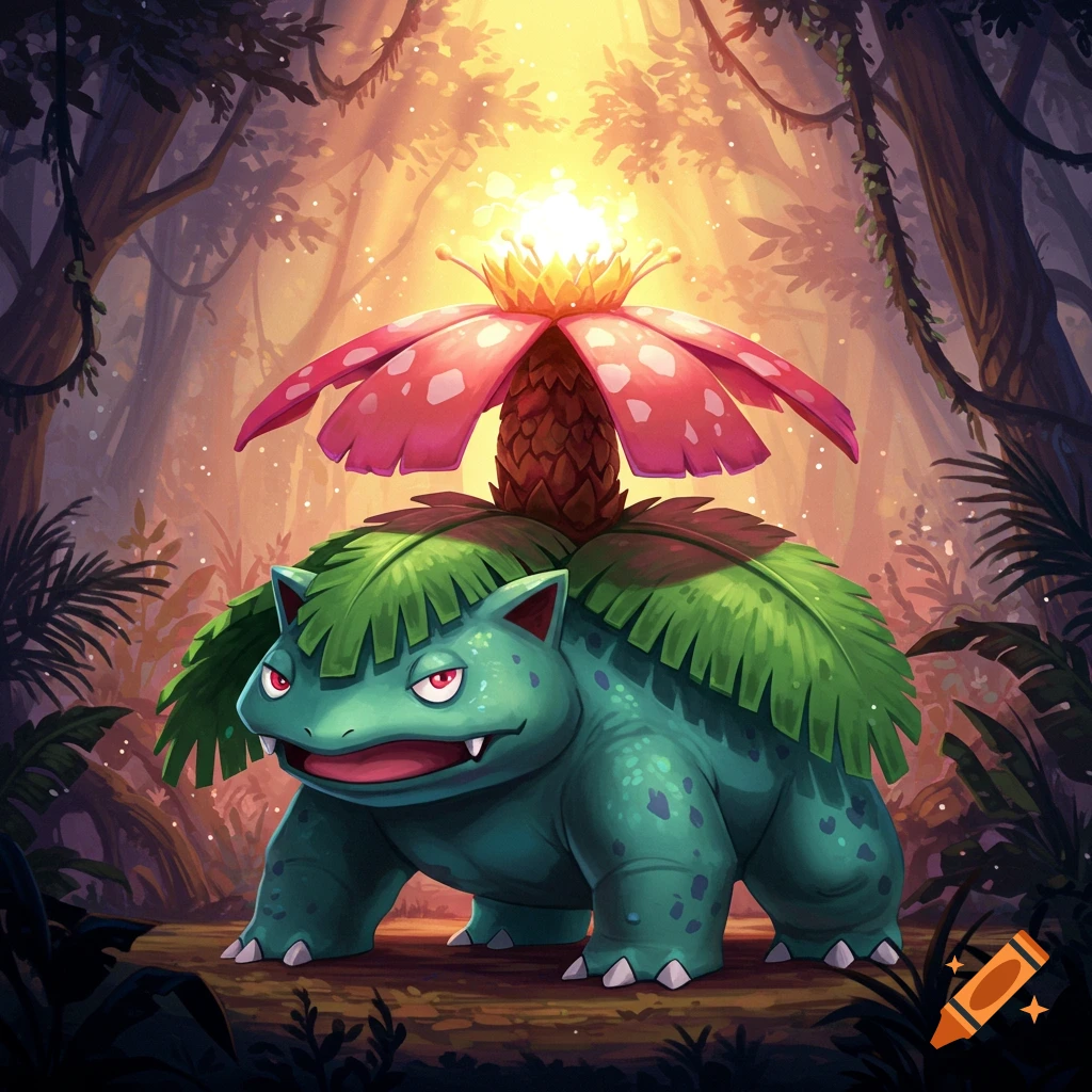 A large green creature resembling Venusaur with a giant pink flower on ...