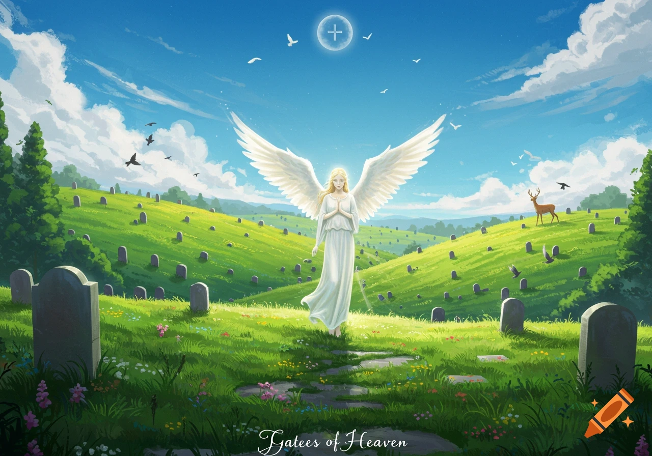 Ethereal digital painting of an angel standing in a graveyard on ...