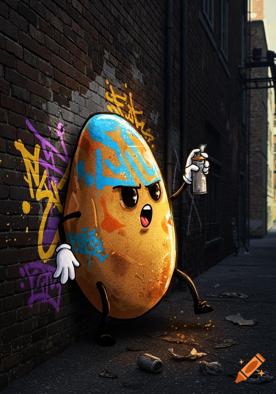 Cartoon potato character spray painting graffiti on a brick wall in an ...