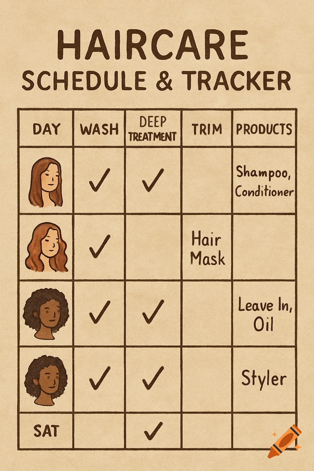 A illustrated haircare schedule and tracker chart listing wash days ...