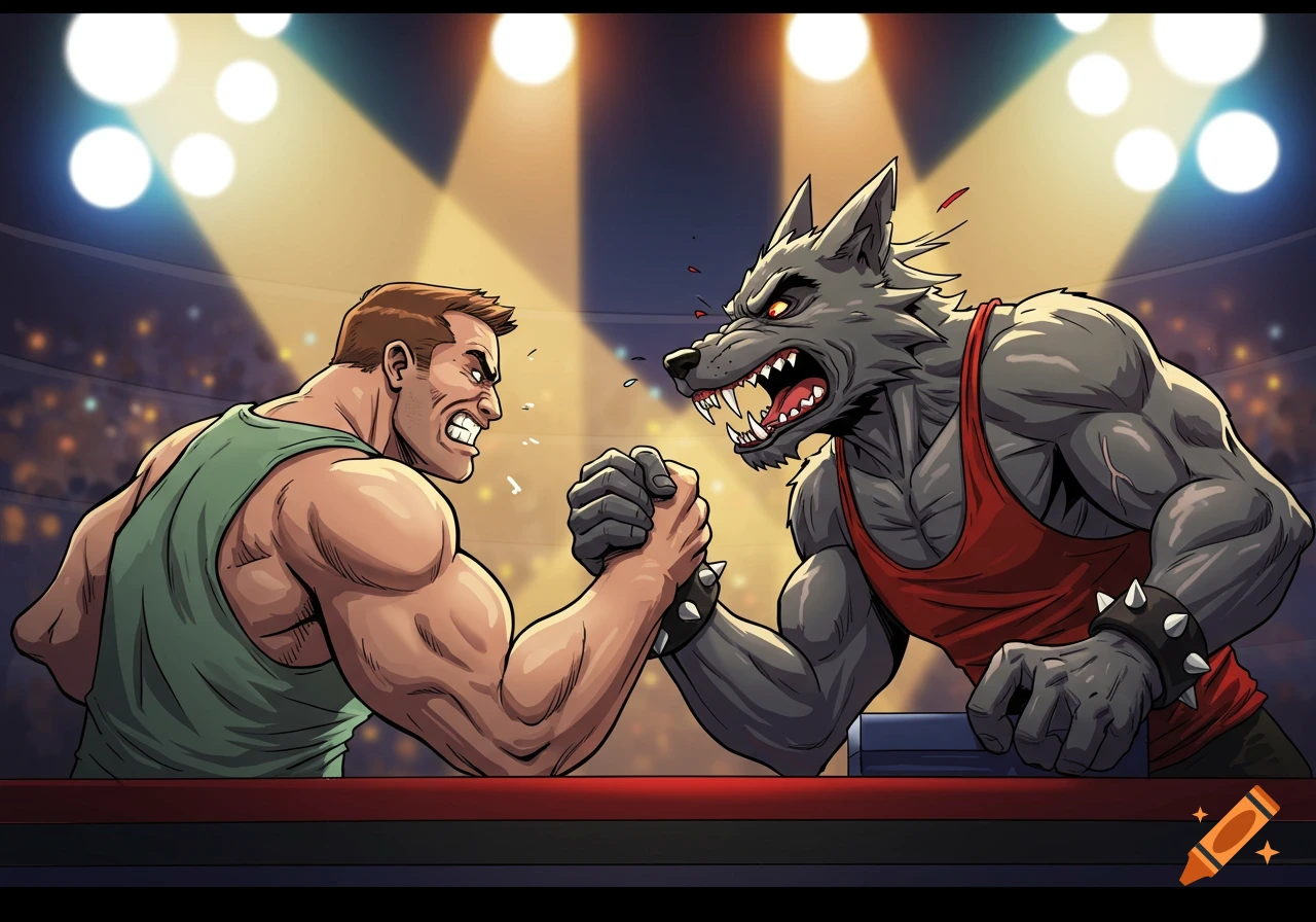 Cartoon illustration of a muscular man arm wrestling a muscular ...