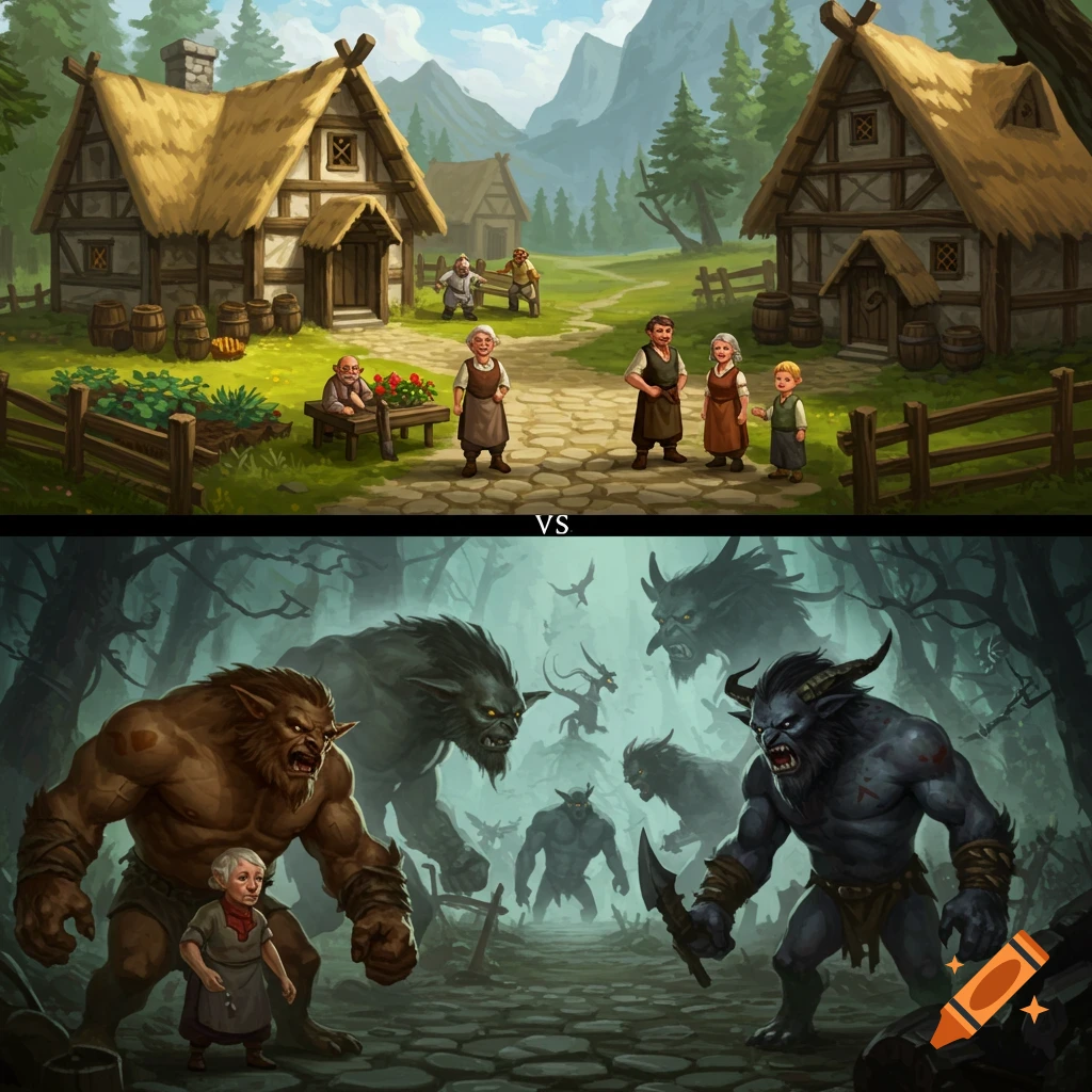 Split image comparing a peaceful village scene with villagers to a dark ...