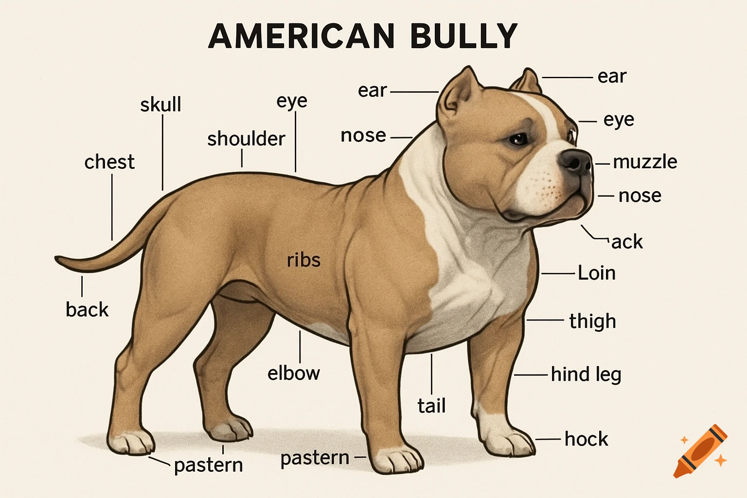 Illustration of an American Bully dog diagram with anatomical parts ...