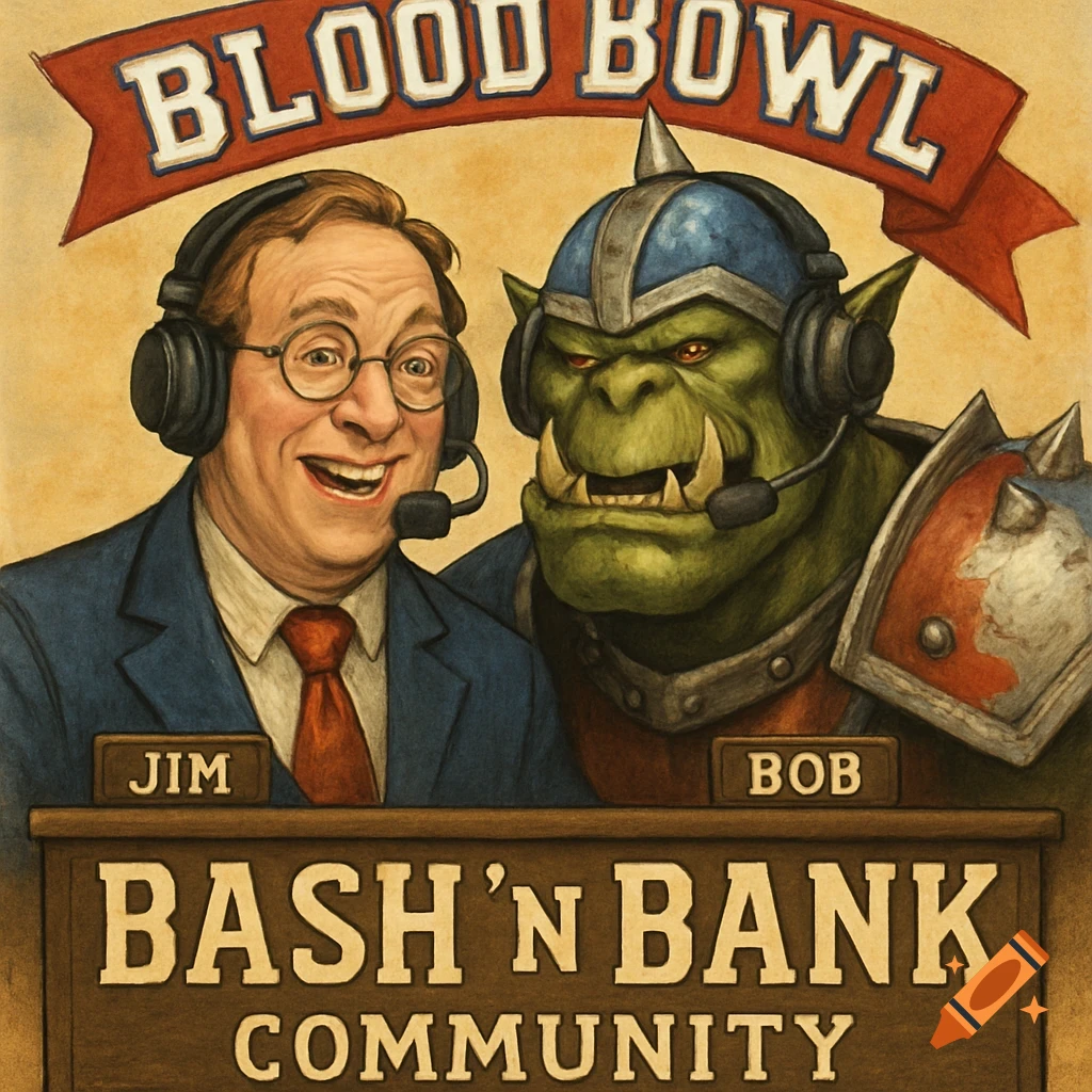 Illustration of a human and an orc with headsets behind a table advertising "Blood Bowl Bash 'n ...