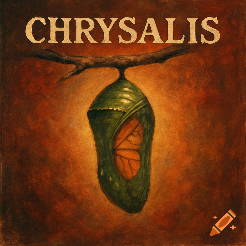 Painting of a chrysalis hanging from a branch with a butterfly wing ...