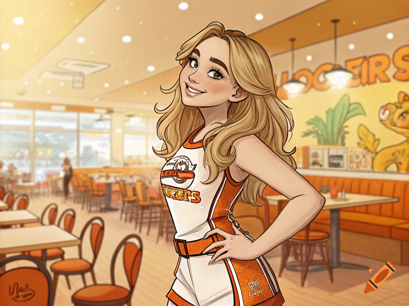 Cartoon of a smiling blonde woman wearing a Hooters-style uniform in a ...